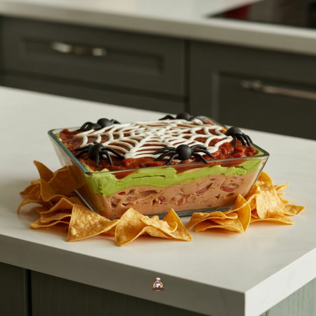 Spider Web Dip with Tortilla Chips Dinner Recipe - snapfoodie.com